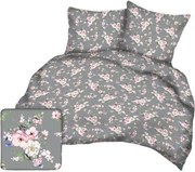 KARO Ložní souprava 200x200, 78c, grafit, jabloňový květ, zelené listy, s knoflíky, 100% silná bavlna