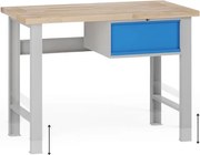 Výškově nastavitelný dílenský stůl G7, buková spárovka, 1200 x 685 x 840-1040 mm, 1x kontejner, 1 zásuvka, modrá