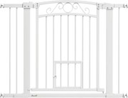 PawHut Indoor Dog Safety Gate, Dveře pro psy s 2 prodlouženími 76-104 cm a kočičími dvířky, Výška pet brány 77 cm, pro chodby a schody, Bílá | Aosom