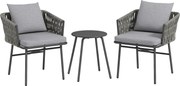 3dílná sada venkovního nábytku, 2 židle, 1 stůl, bistro set, umělý ratan, ocelový rám, kovový stůl, 4 polštáře, šedá barva