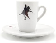 Porcelánový espresso šálek Visící kočka s podšálkem, 130 ml – černobílý, s růžovými srdíčky