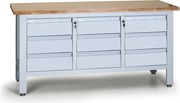 Pracovní stůl do dílny G6, 9 zásuvek, 1690 x 600 x 860 - 900 mm, šedá