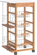 HOMCOM Kuchyňský vozík na kolečkách, Víceúčelový vozík s šuplíkem, 4 odnímatelné kovové koše a boční regály, 47x37x83 cm, Přirozené dřevo | Aosom