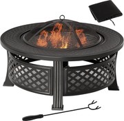 Outsunny Ohniště s Pokerem a Ochrannou Mřížkou, Hnědá Ohnivá Stůl pro Zahradu, Kempování a BBQ, Ocelová Černá 81 x 81 x 50 cm | Aosom