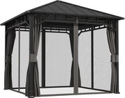 Zahradní altán 3×3 m s pevnou střechou, kovový pavillon, bočnice, moskytiéra, zimní odolnost, tmavě šedý