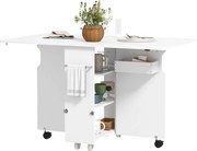 Skládací stůl HOMCOM s vyklápěcími deskami a 3 úrovněmi polic, úložná skříňka a kola, MDF, 130x80x76.5 cm, bílý | Aosom