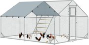 PawHut Výběh pro Slepice se Střechou, Ocelový Kurník / Výběh 12 m² pro 12–18 Slepic, UV a Voděodolný 420D Kryt, Krmná Dvířka, Závěsné Krmítko a Bidýlk