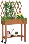 Vyvýšený záhon s treláží Outsunny, květinový box se policí, květináč na kolečkách, zahradní box pro terasu, balkon, masivní dřevo, hnědý, 79 x 29 x 13