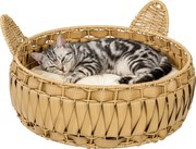PawHut Rattan Cat Bed with Removable Cushion — Cat Cave for Cats up to 22 lb, 19.7" x 19.7" x 9.8", Light Brown | Aosom