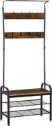 HOMCOM Stojan na kabáty a boty s 8 háčky a 2 policemi MDF Černá 72,1 x 34 x 184,8 cm | Aosom