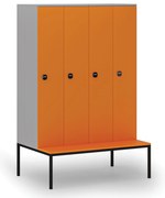 Dřevěná šatní skříňka S4 s lavičkou, 4 oddíly, 1871 x 1200 x 500/800 mm, demont, RFID zámek, šedá/oranžová