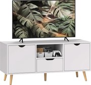 HOMCOM Moderní TV Stolík do 50" s Policemi, Zásuvkou a 2 Skříňkami, TV Stolík se 5 nožkami z Borovice, 110x40x50 cm, Bílý | Aosom