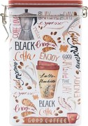 Plechová dóza Coffee Typography, 500 g – bílá, matný povrch, s patentním uzávěrem, s kávovým motivem, na kávu, bylinky, těstoviny a drobnosti