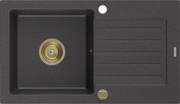 Mexen Pablo, granitový dřez 752x436x161 mm, 1-komorový, černá skvrnitá se zlatým sifonem, 6510751010-76-G