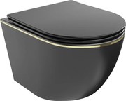 Mexen Lena záchodová mísa Rimless s tenkým pomalu sklopným prkýnkem, duroplast, černá mat/zlatá linka - 30224075