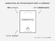 DOBROMYSL - omyvatelná samolepka na kořenky, výběr rozměrů Ø 5 cm / 5 x 5 cm / 6 x 8 cm | DomaLEP tvar: OBDÉLNÍK, barva: BÍLÁ - ČERNÉ písmo, velikost: š. 6 cm x v. 8 cm – základní písmo