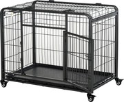 Skládací přepravní klec PawHut pro psy na kolečkách s 2 zamykatelnými dveřmi a odnímatelným podnosem 94L x 58W x 69.5H cm Metal Šedá Černá | Aosom