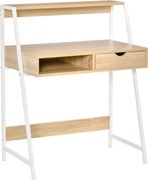 HOMCOM sekretářský stůl, počítačový stůl, neo-retro styl, zásuvka, niche, bílý kov, světlý dubový dekór | Aosom