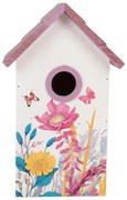 Bílo-růžová dřevěná budka pro ptáčky s květy a motýly – 15x10x22 cm
