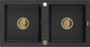 Mexen Mario, granitový dřez 820x436x161 mm, 2-komorový, černá-stříbrná metalíza se zlatým sifonem, 6504822000-73-G
