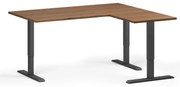 Rohový výškově nastavitelný stůl, 160x140 cm, 3 motory, L/P, černá podnož, ořech
