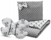 Dětská deka do kočárku s polštářkem a motýlkem - BABYMAM PREMIUM set 3v1 - Medvídek Little boy s šedou minky