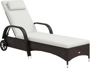 Outsunny Zahradní Lehátko z Polyrattanu s 5stupňově Nastavitelným Opěradlem, Polstrem, Kolíčky, Vankúšom, Nosnost 160kg, 200x73x30-103cm, Kávově hnědá
