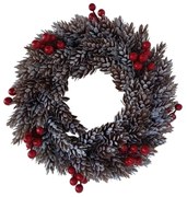 Plastový věnec ojíněný šišky a červené bobule, d. 26 cm
