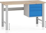 Výškově nastavitelný dílenský stůl G7, buková spárovka, 1500 x 685 x 840-1040 mm, 1x kontejner, 3 zásuvky, modrá