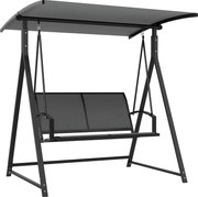 Zahradní houpačka Outsunny 2-místná s nastavitelnou stříškou 90° UV ochrana 30+ a trojúhelníkovým kovovým rámem nosnost 220 kg 160x112x162 cm Tmavě še