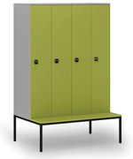 Dřevěná šatní skříňka S4 s lavičkou, 4 oddíly, 1871 x 1200 x 500/800 mm, demont, RFID zámek, šedá/zelená