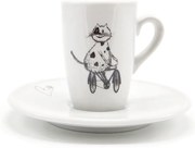 Porcelánový espresso šálek Kočka na kole s podšálkem, 130 ml – černobílý, s autorským designem pro milovníky koček a cyklistiky