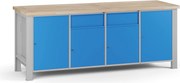 Dílenský pracovní stůl G7, buková spárovka, 2100 x 685 x 840 mm, 4x skříňka, 2 zásuvky, modrá