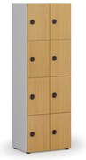 Dřevěná šatní skříňka S4 s úložnými boxy, 8 boxů, demont, kódový zámek, šedá/buk