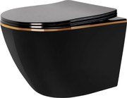Rea Carlo Mini, rimless závěsná mísa 49x37 cm se sedátkem s pomalým zavíráním, černá-zlatý okraj, REA-C8800