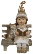 Dekorativní figurka holčička sedící na lavičce s knihou a kočičkou – 9 cm