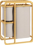 HOMCOM Úsporný Koš na Prádlo, Elegantní Koš s 3 Odnímatelnými Textilními Taškami a Policemi, Bambus, 50x32x69,7 cm, Bambus a Krémová Barva | Aosom