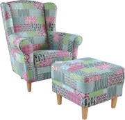 Křeslo ušák s taburetem, látka patchwork M1, ASTRID