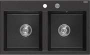 Mexen Hektor, 2-komorový granitový dřez 800x480x205 mm, černá-stříbrná metalíza, chromový sifon, 6521802000-73