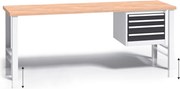 Výškově nastavitelný pracovní stůl do dílny G3 se závěsným boxem na nářadí, buková spárovka, 4 zásuvky, 2000 x 685 x 840 - 1050 mm, grafit