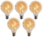 Sada 5 stmívatelných LED žárovek E27 s vláknem ve spirále G95, zlaté, 4W 270LM 2100K