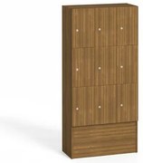 Dřevěná odkládací skříňka S5 s úložnými boxy, 9 boxů, 1700 x 900 x 420 mm, cylindrický zámek, ořech