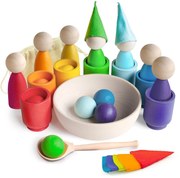Vzdělávací sada ulanik montessori dřevěná hračka „rainbow: peg dolls in cups with hats and balls?