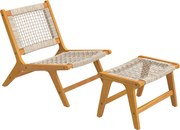 Outsunny 2dílné venkovní lehátko z akátového dřeva s podnožkou – certifikát FSC, sedák z polyratanu, boho styl, nastavitelné nožky, béžová (nosnost 16