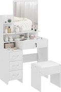 HOMCOM Toaletní stolek s taburetem a zrcadlem, toaletní stůl se 4 zásuvkami, 4 úložnými prostory, moderní styl, 80x38x143 cm Bílá | Aosom