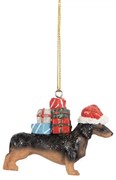 Hnědá závěsná dekorace jezevčík Dachshund s dárečky - 7*2*6 cm