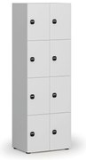Dřevěná šatní skříňka S4 s úložnými boxy, 8 boxů, demont, RFID zámek, šedá/bílá