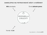 MOZZARELLA S RAJČATY - omyvatelná samolepka na kořenky, výběr rozměrů Ø 5 cm / 5 x 5 cm / 6 x 8 cm | DomaLEP tvar: KOLEČKO, barva: BÍLÁ - ČERNÉ písmo, velikost: Ø 5 cm - základní písmo
