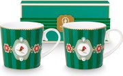 Pip Studio Love Birds Stripes sada 2 ks hrnků 165ml, zelená (Sada hrnků v dárkovém balení)