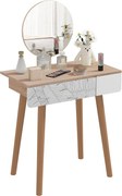 HOMCOM Toaletní stolek s kulatým zrcadlem Ф39cm, Toaletní stolek se zásuvkou s dekorací džungle, Bílý a dubový, 70x39x119-128cm | Aosom